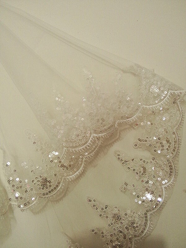 Ivory Cream Tulle 2 Layer Bridal Veil With Lace & Sequin Trim - Etsy UK