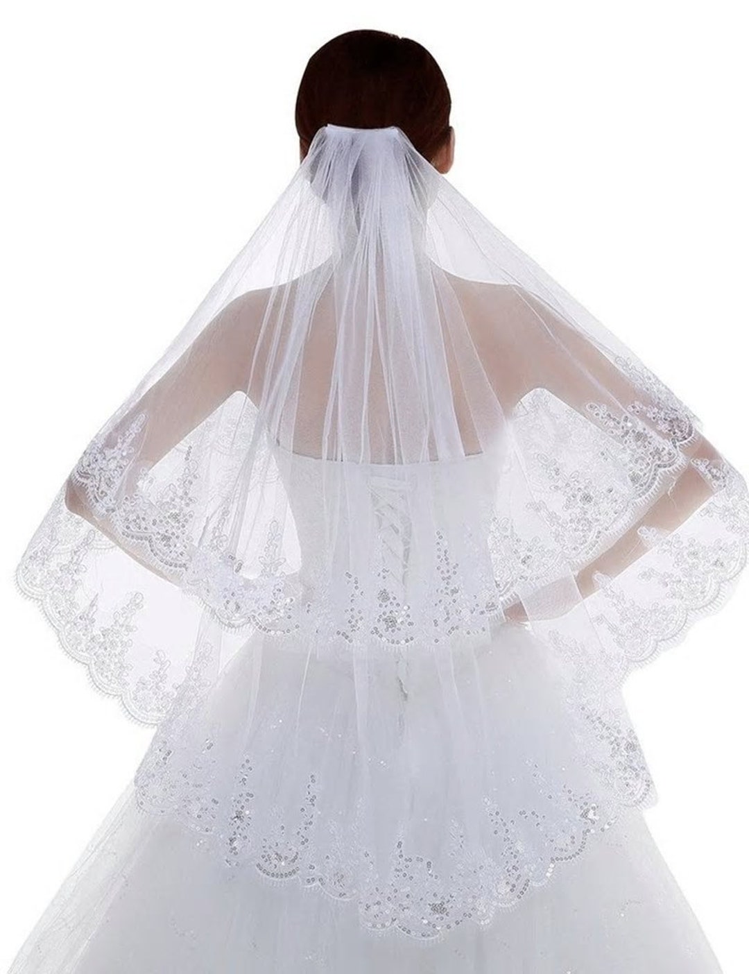 Ivory Cream Tulle 2 Layer Bridal Veil With Lace & Sequin Trim Edging ...