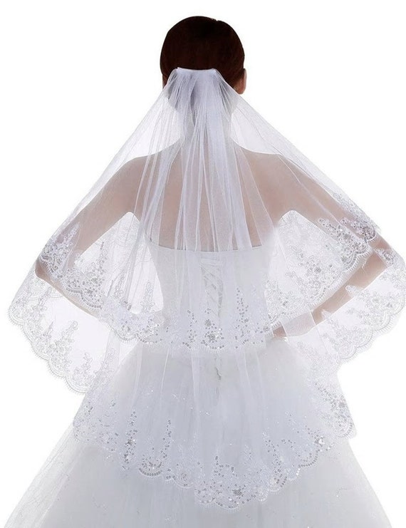 Ivory Cream Tulle 2 Layer Bridal Veil With Lace & Sequin Trim | Etsy