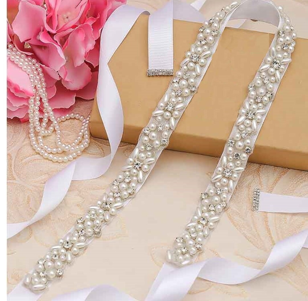 White Ribbon Bridal Sash Adorned With Pearls & Rhinestones on - Etsy