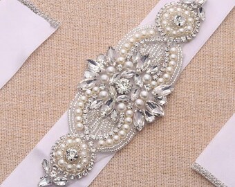 White Ribbon Bridal Sash Adorned With Pearls & Rhinestones on - Etsy