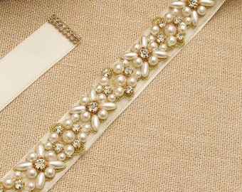 White Ribbon Bridal Sash Adorned With Pearls & Rhinestones on | Etsy
