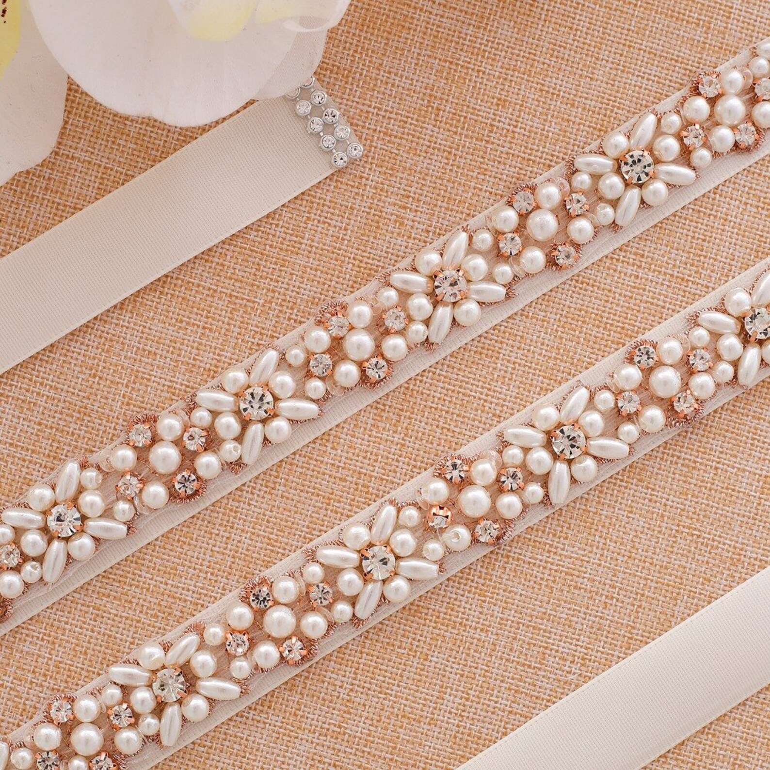 White Ribbon Bridal Sash Adorned With Pearls & Rhinestones on - Etsy