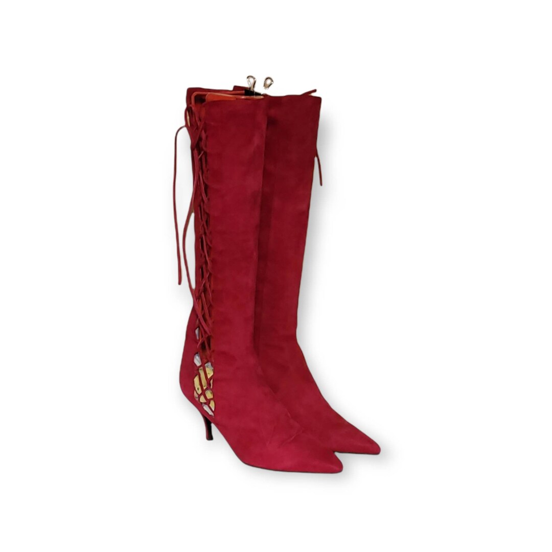 Women Vintage Red Suede Lace up Boots by Ombeline Size EU 39 US 8.5 ...