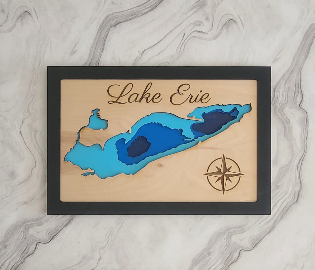 Lake Erie Depth Map Layered Wall Art, Great Lakes Wall Decor, Great ...