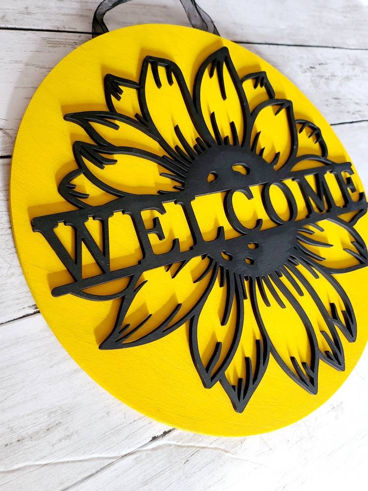 Welcome Sunflower Door Sign Sunflower Welcome Wood Round - Etsy