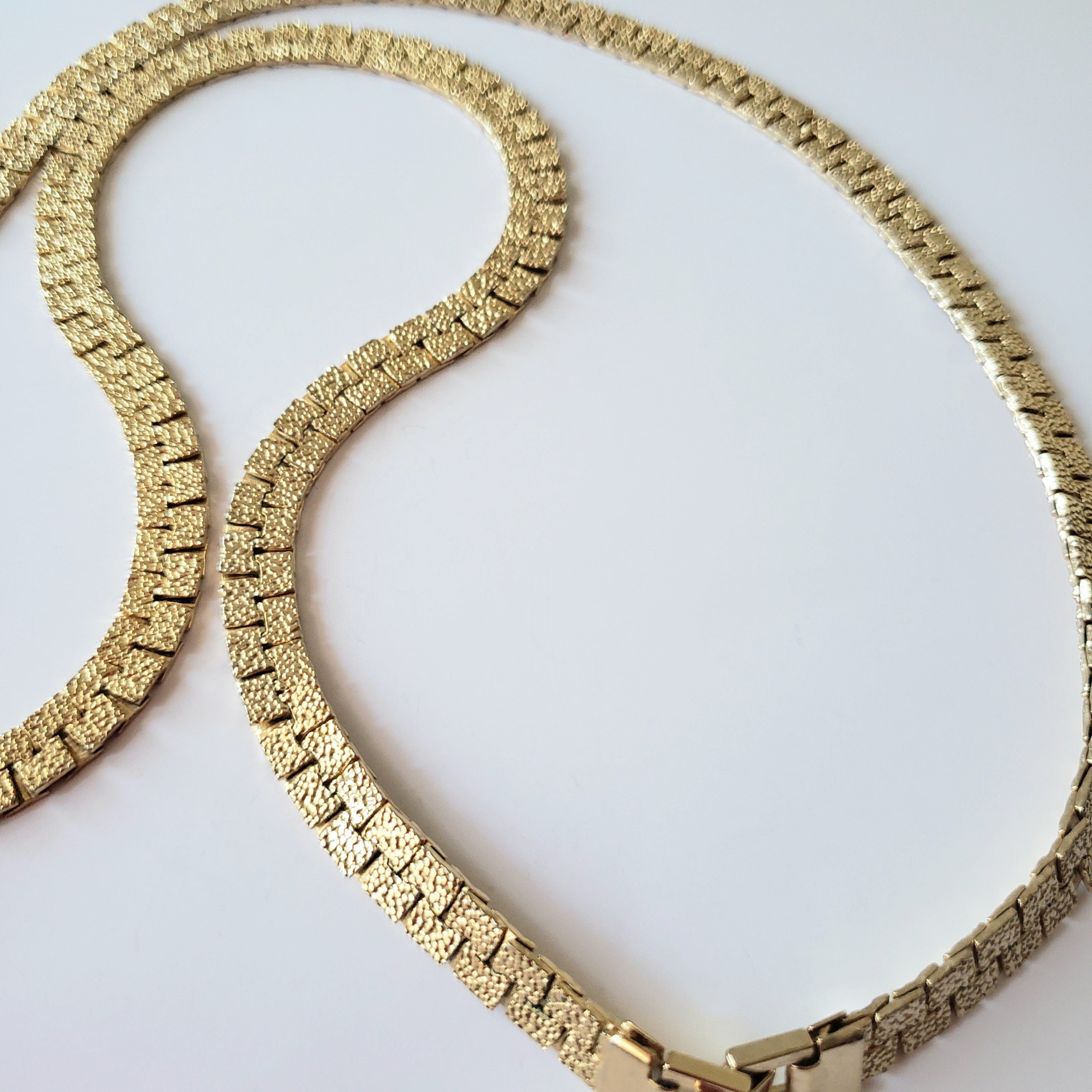 Gold Ton Vintage Texture Necklace. Long Gold Ton Chain Necklace ...