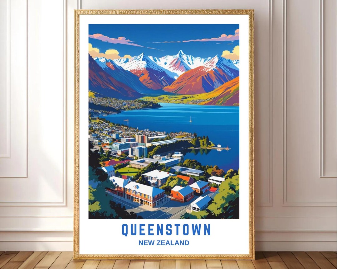 Queenstown New Zealand Travel Poster – Retro Landscape Wall Art, Scenic ...