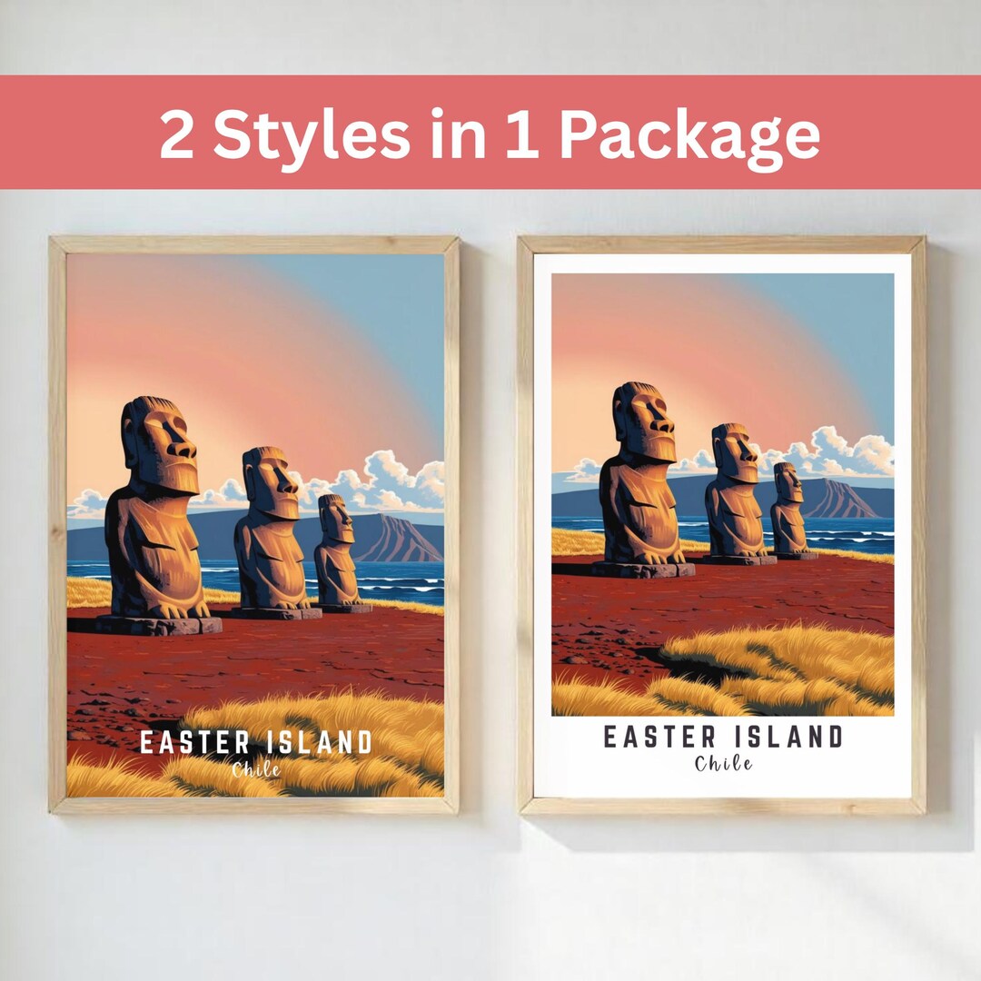 Easter Island Wall Art Set – Moai Statues Vintage Travel Print – 2 ...