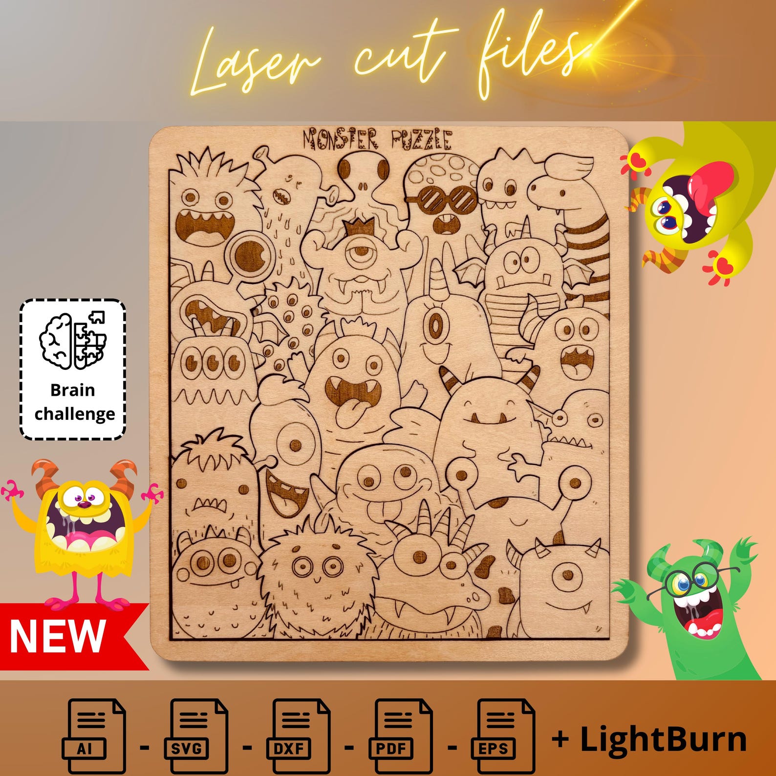 Monsters Puzzle - Laser Cut Wooden Puzzle Game Digital File - Etsy