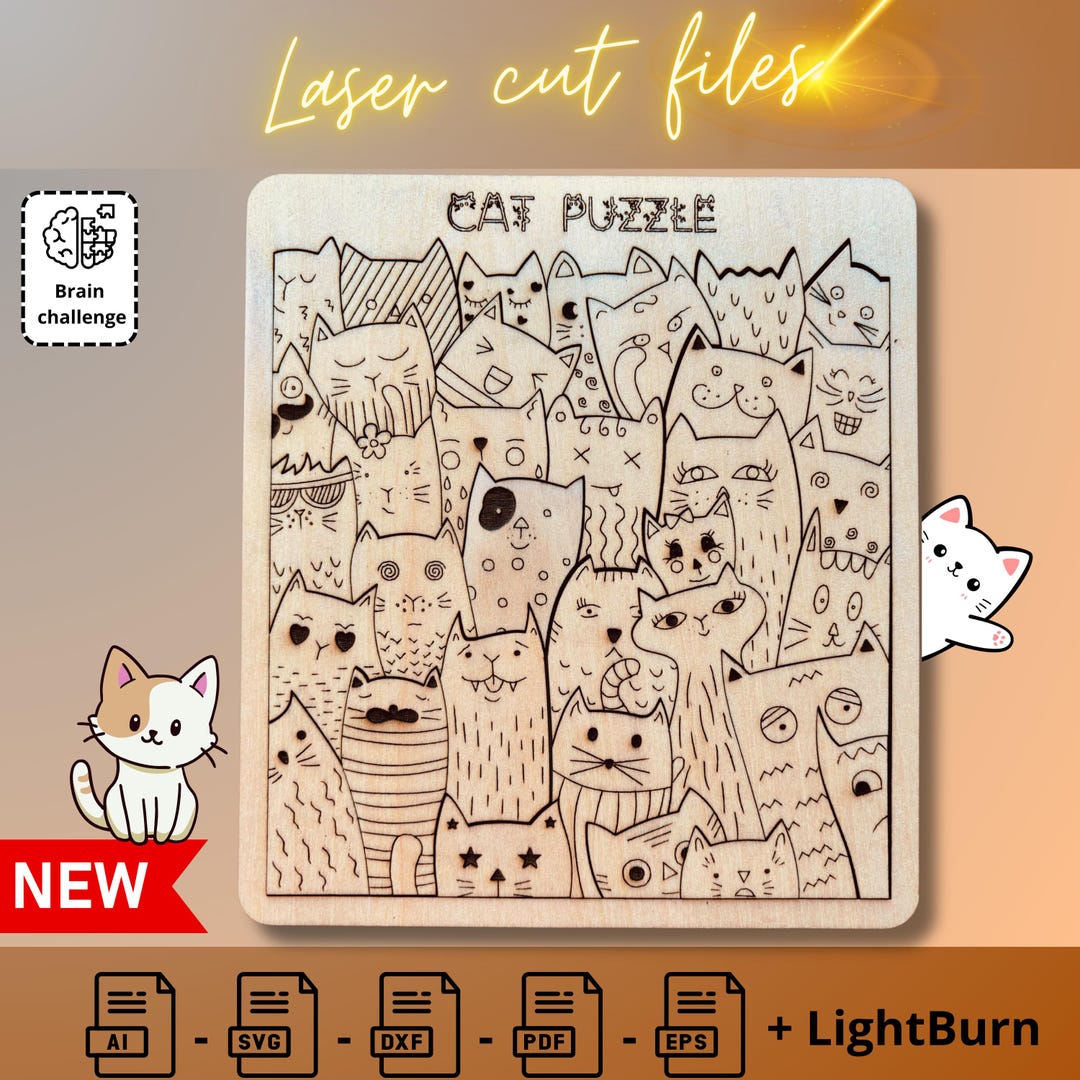 Cat Puzzle - Laser Cut Wooden Puzzle Game Digital File - Etsy UK