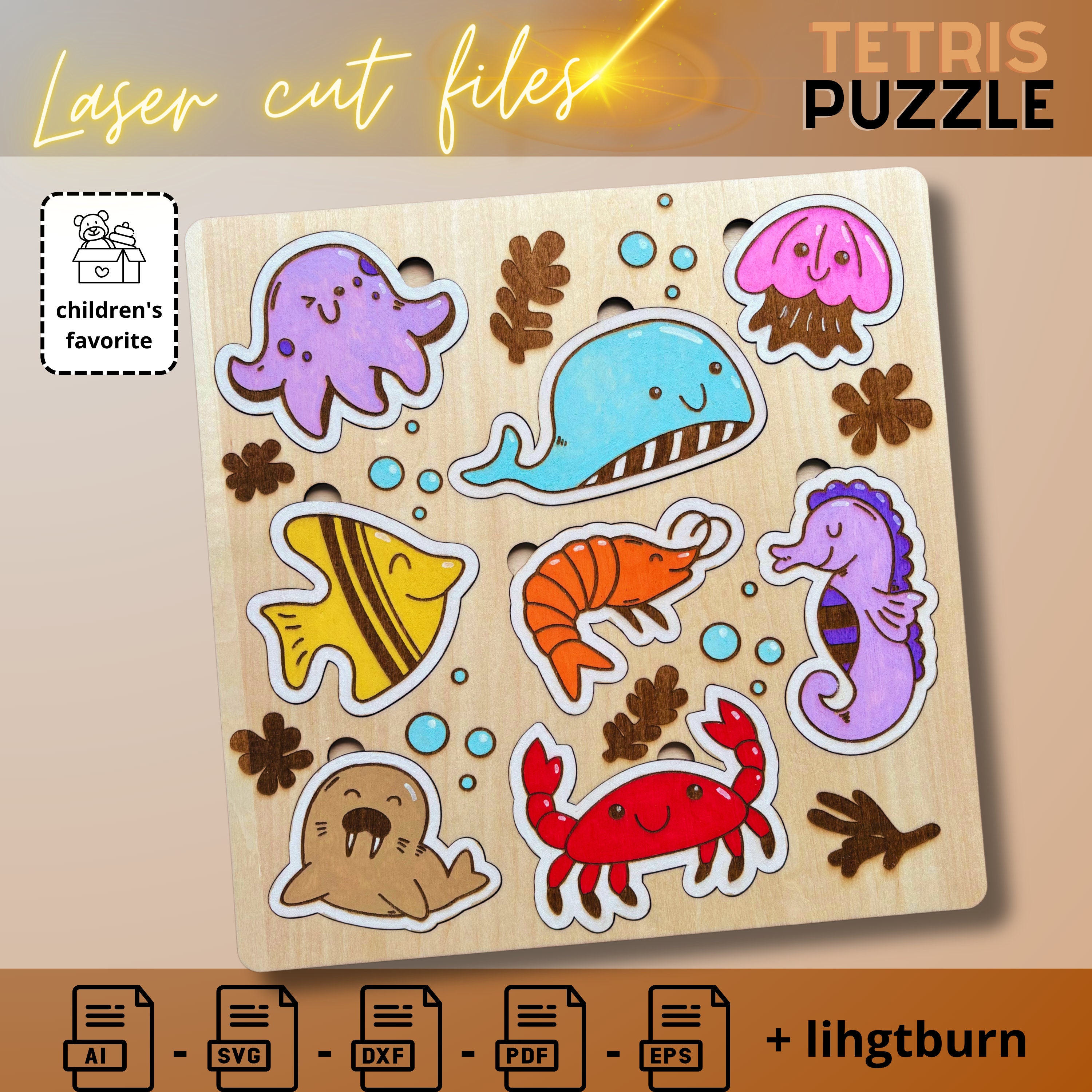 Kids Marine Animals Puzzle, Laser Cut File, Kids Puzzle, Marine Animals ...