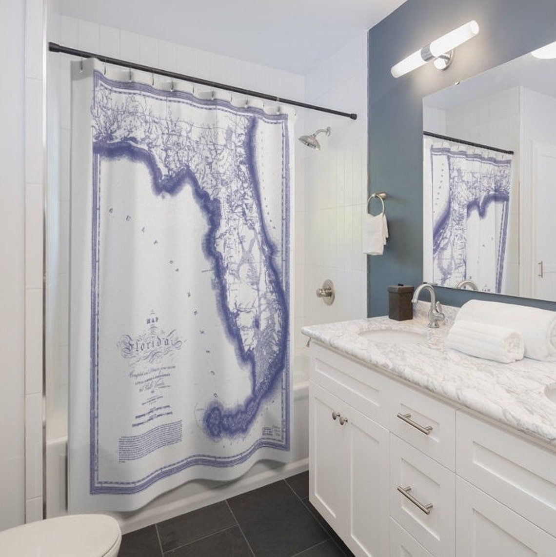Blue Map of Florida Shower Curtain Vintage Map Art Printed - Etsy