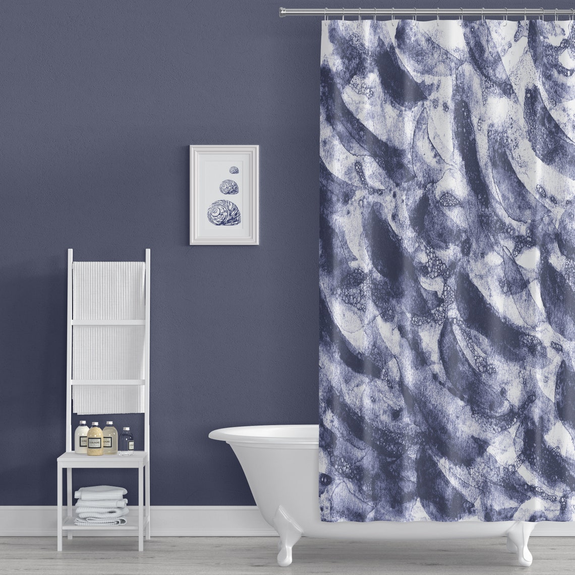 Dark Watercolor Waves in Navy Blue Coastal Art Fabric Shower - Etsy