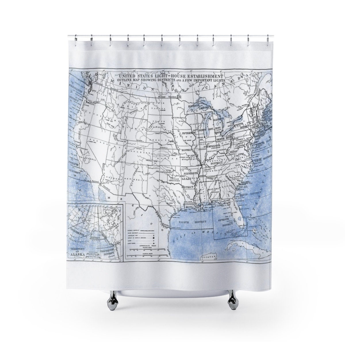 Vintage USA Lighthouse Map Fabric Shower Curtain, Coastal Bathroom ...