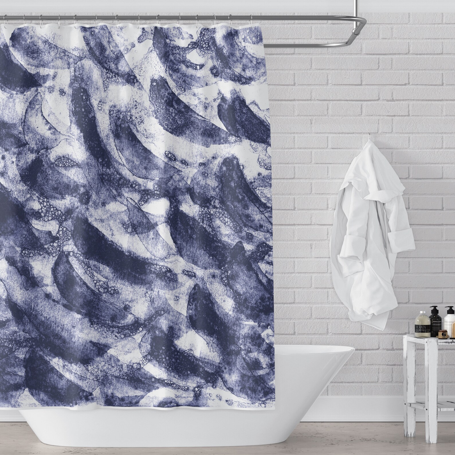Dark Watercolor Waves in Navy Blue Coastal Art Fabric Shower - Etsy