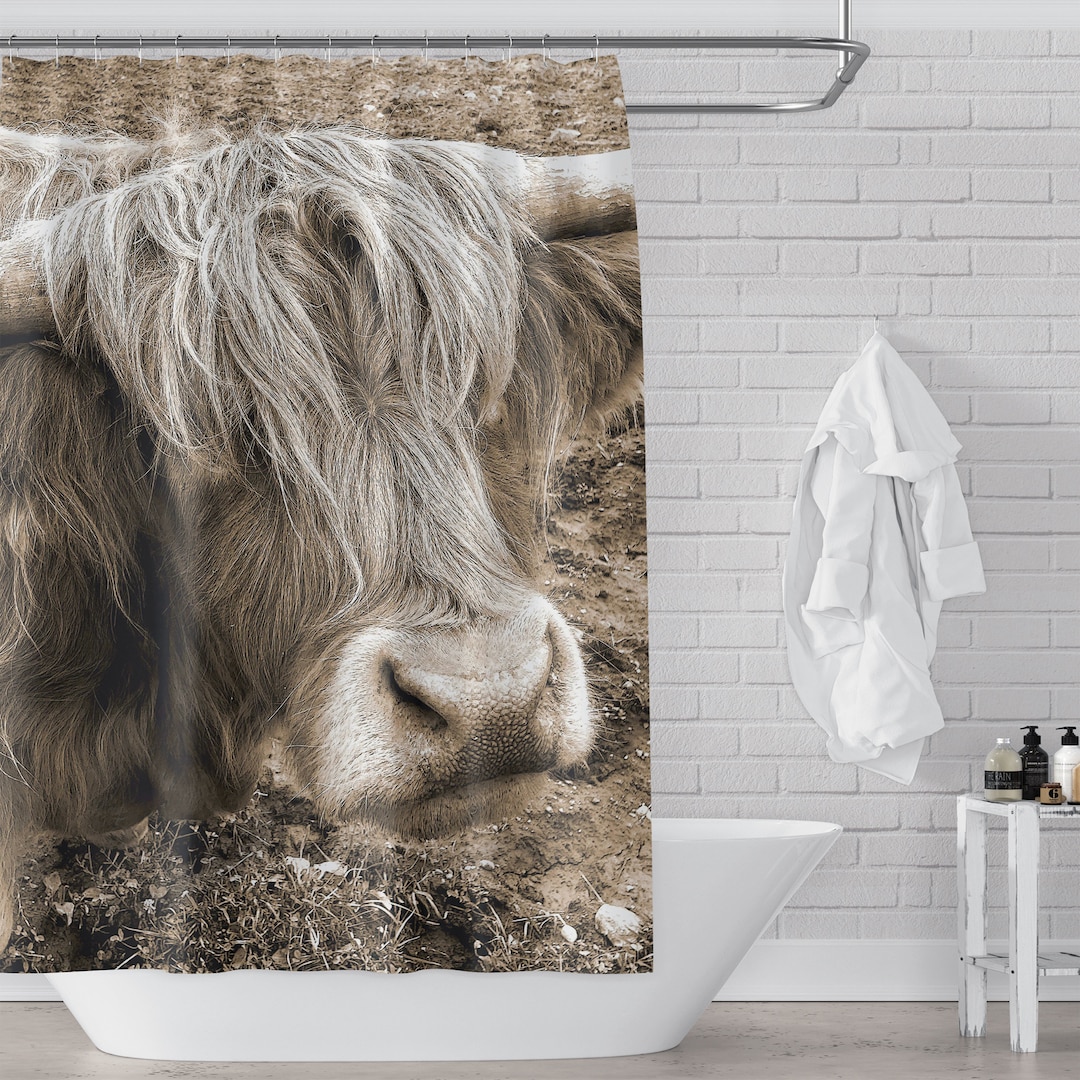 Brown Highland Cow Shower Curtain - Modern Western Bath Decor Photo Art ...