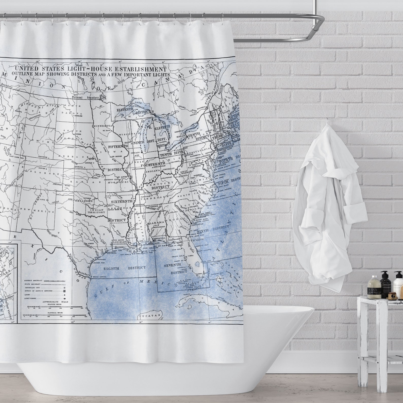 Vintage USA Lighthouse Map Fabric Shower Curtain, Coastal Bathroom ...