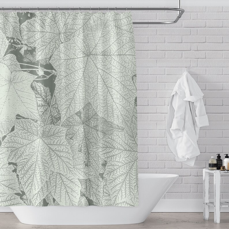 Sage Green Leaf Pattern Shower Curtain Canadian Raspberry Etsy