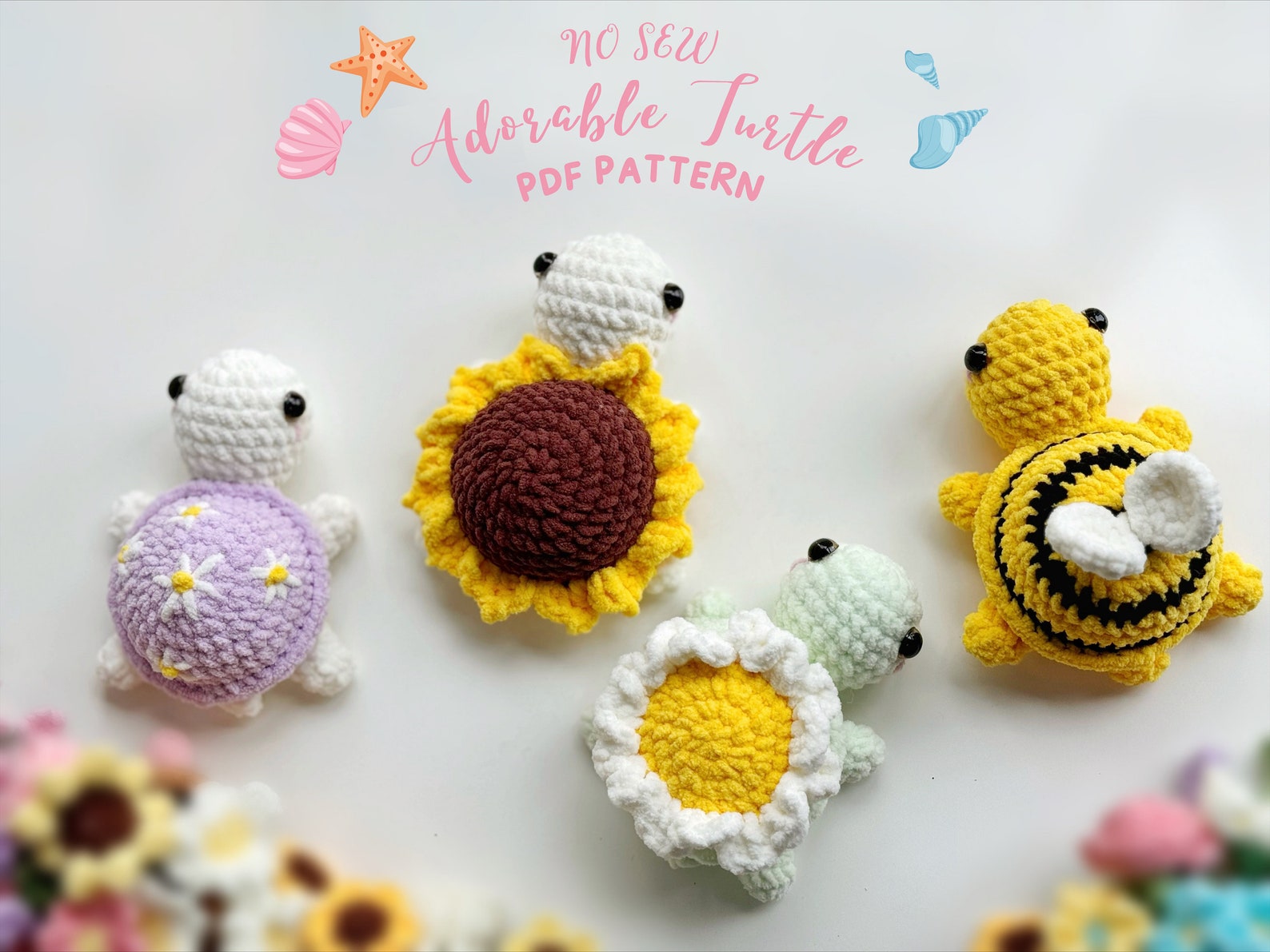 Turtle No Sew Crochet Pattern, Bumble Bee Turtle Pattern, Daisy Turtle ...