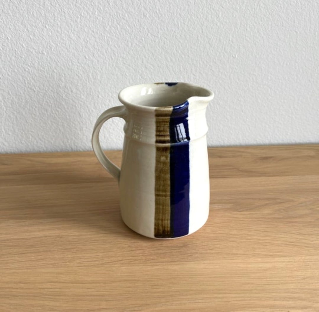 Studio Pottery Pitcher in White With Brown and Blue Vertical Stripes ...
