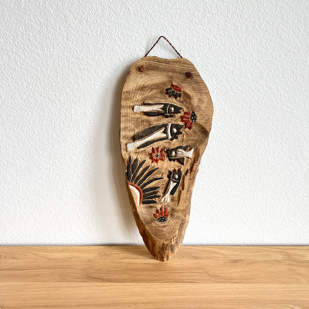 Vintage Slab Wood Handmade Carving of Fish and Flowers / Unique Asian ...