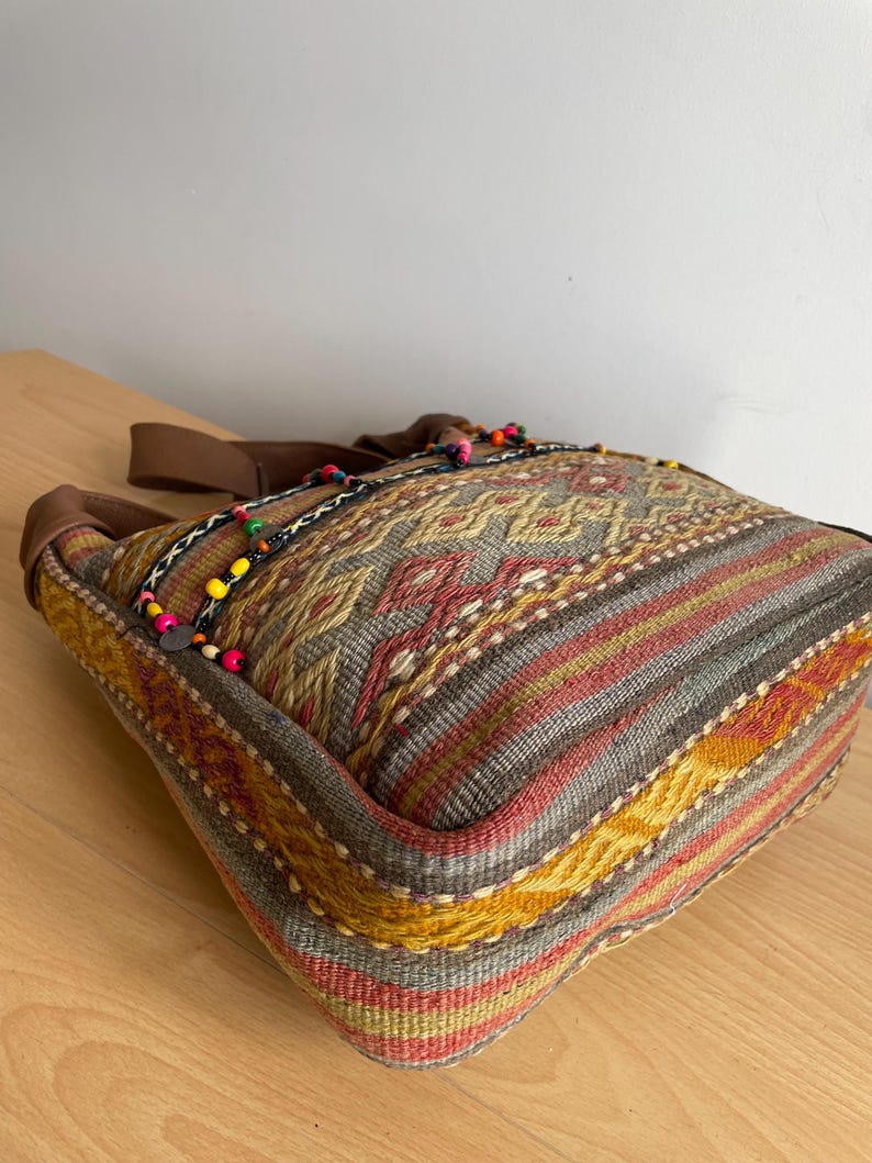 Bohemian Beaded Shoulder Bag: Vintage Rug Leather, Upcycled Boho Bag ...