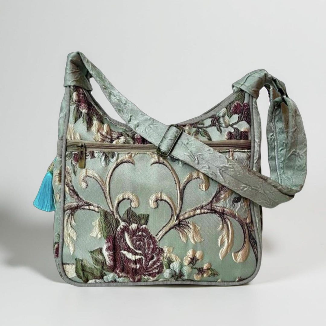 Victorian Floral Shoulder Bag: Embossed Rose Pattern, Soft Blue Fabric ...