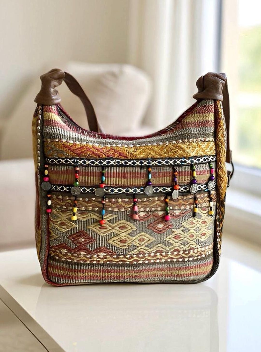 Bohemian Beaded Shoulder Bag: Vintage Rug Leather, Upcycled Boho Bag ...