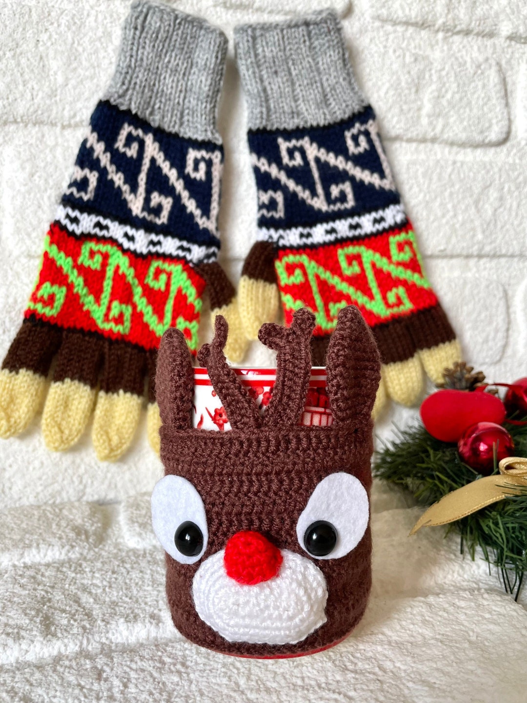 Knitted Multicolor Cozy Mittens and Reindeer Mug Cover for Women in ...