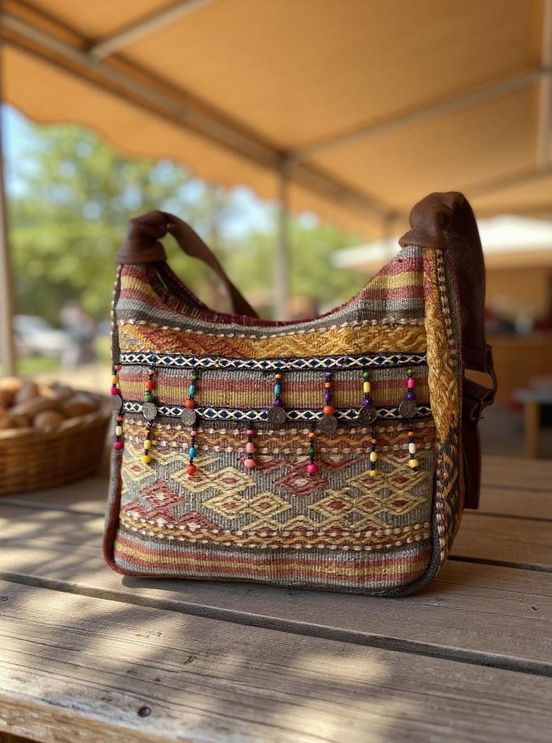 Bohemian Beaded Shoulder Bag: Vintage Rug Leather, Upcycled Boho Bag ...