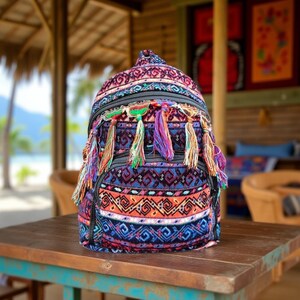 Purple Fringe Ethnic Fabric Backpack, Boho Style Tassel Zipper Rucksack ...