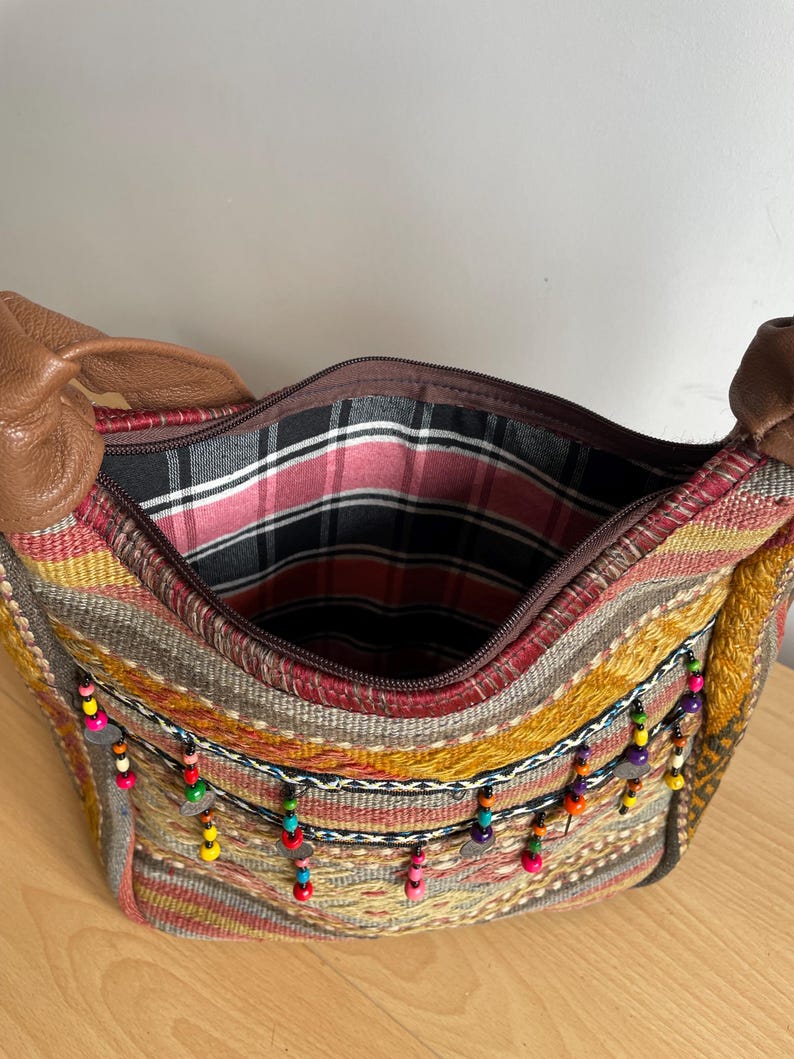 Bohemian Beaded Shoulder Bag: Vintage Rug Leather, Upcycled Boho Bag ...