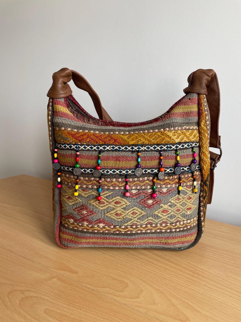 Bohemian Beaded Shoulder Bag: Vintage Rug Leather, Upcycled Boho Bag ...