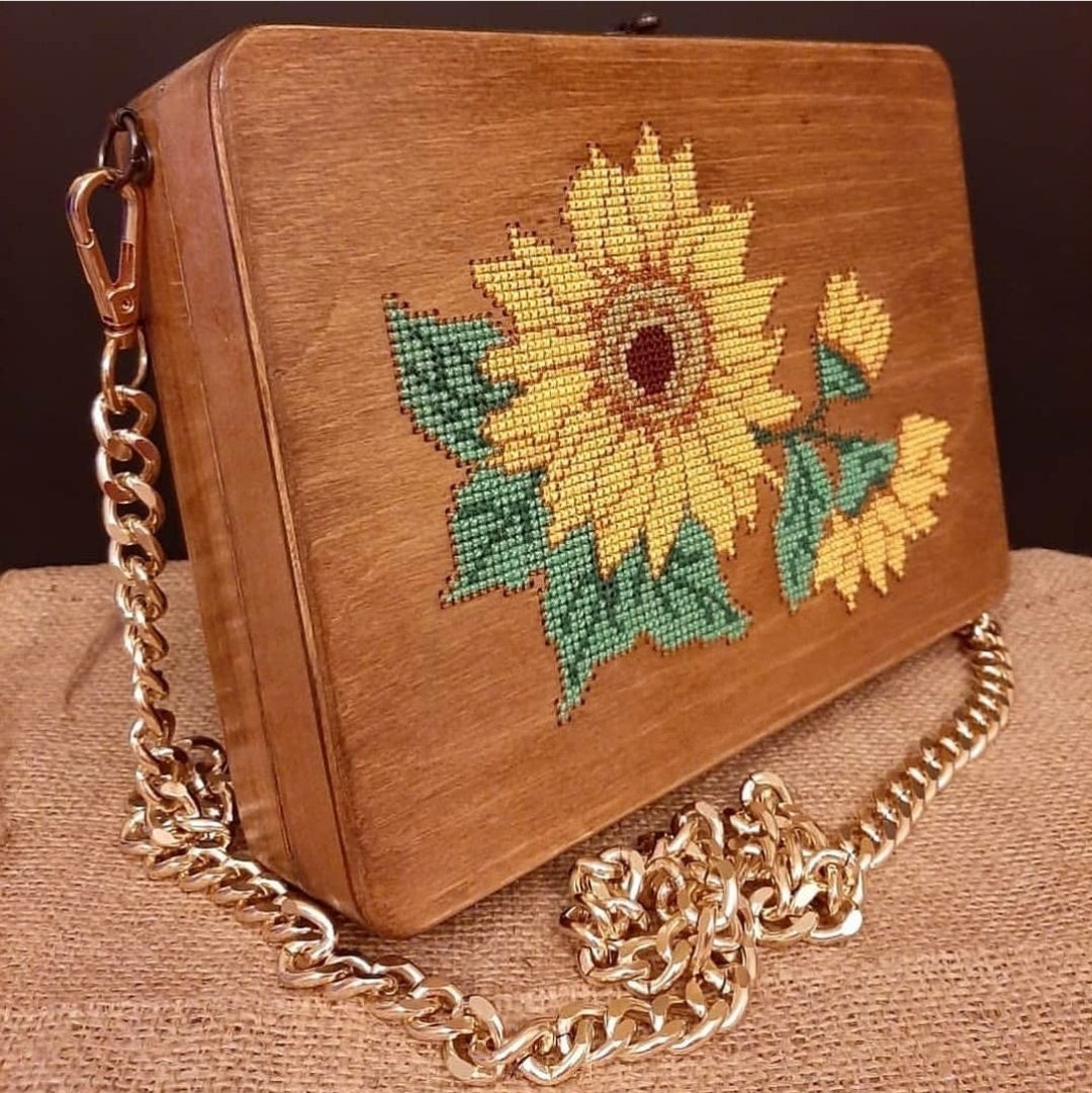 Hand-stitched Sunflower Wood Bag: Unique Embroidered Purse - Etsy