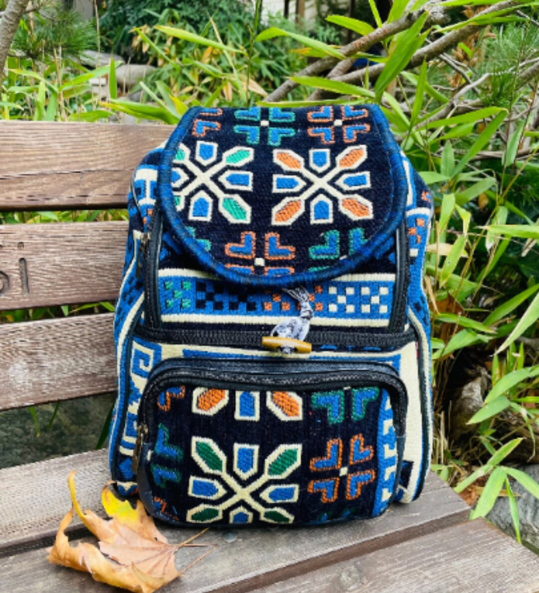 Blue Strong Kilim Fabric Street Style Backpack, Ethnic Tapestry Large ...