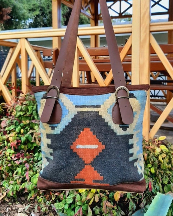 Leather Bottom Wool Tote Natural Myra Bag Aztec Pattern Wool - Etsy
