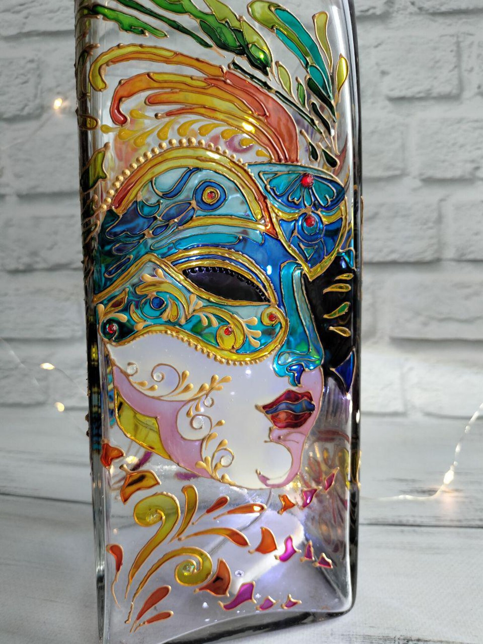 Hand-painted Stained Glass Vase: Carnival Mask Flowers, Personalized - Etsy