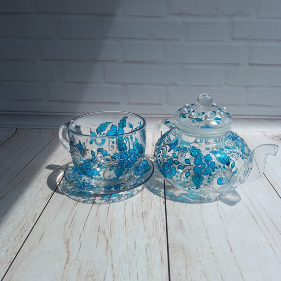 Stained Glass Tea Set with Teapot 20 oz 600 ml Blue Flowers | Etsy