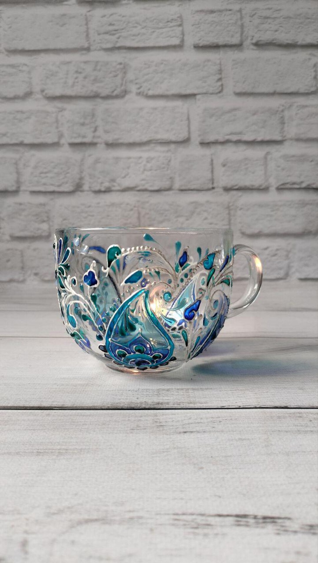 Staned Glass Cup 17 Oz 500 Ml Painted Glass Cup Blue Personalized Cup ...