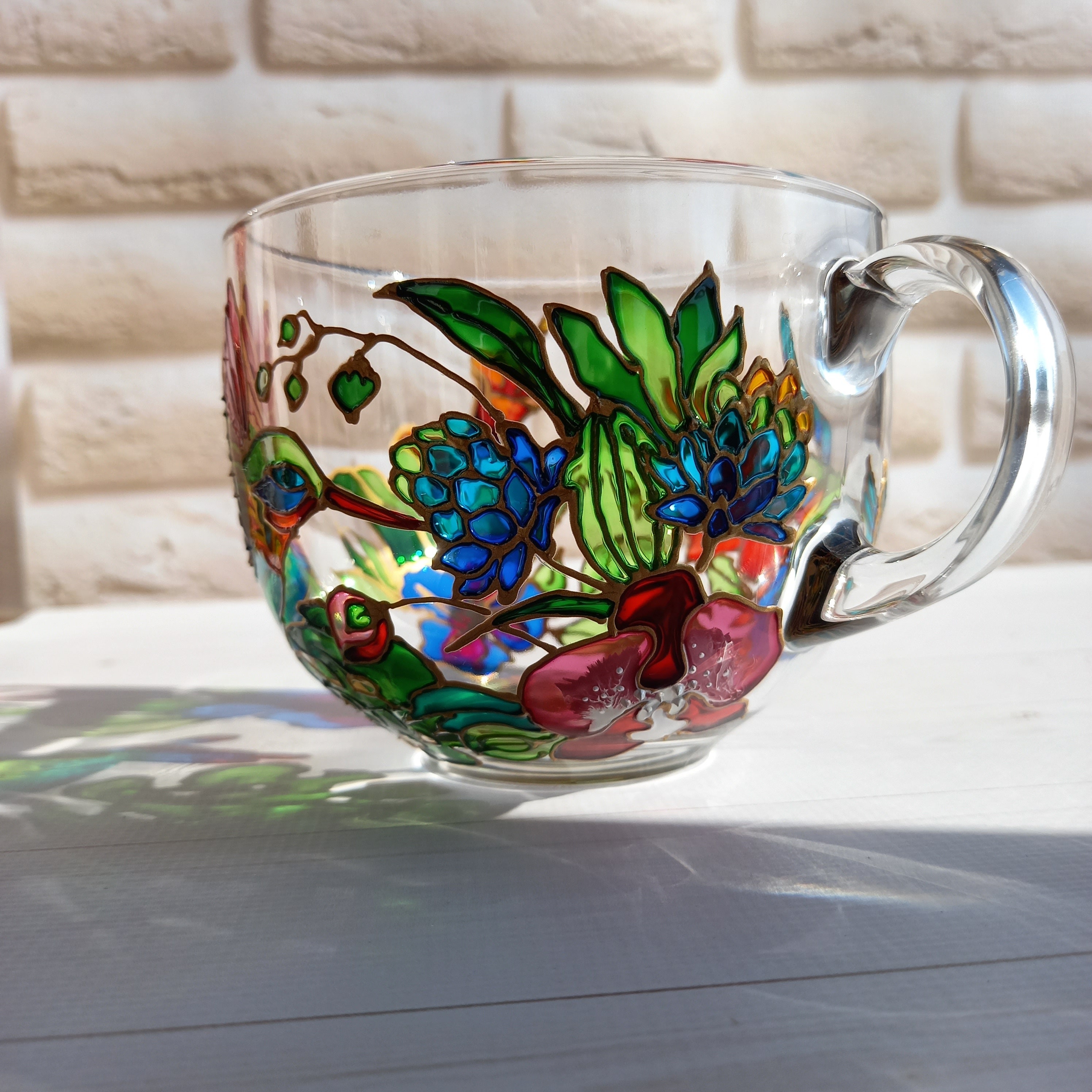 Stained Glass Coffee Cup 17 oz 500 ml Hummingbirds Hand | Etsy