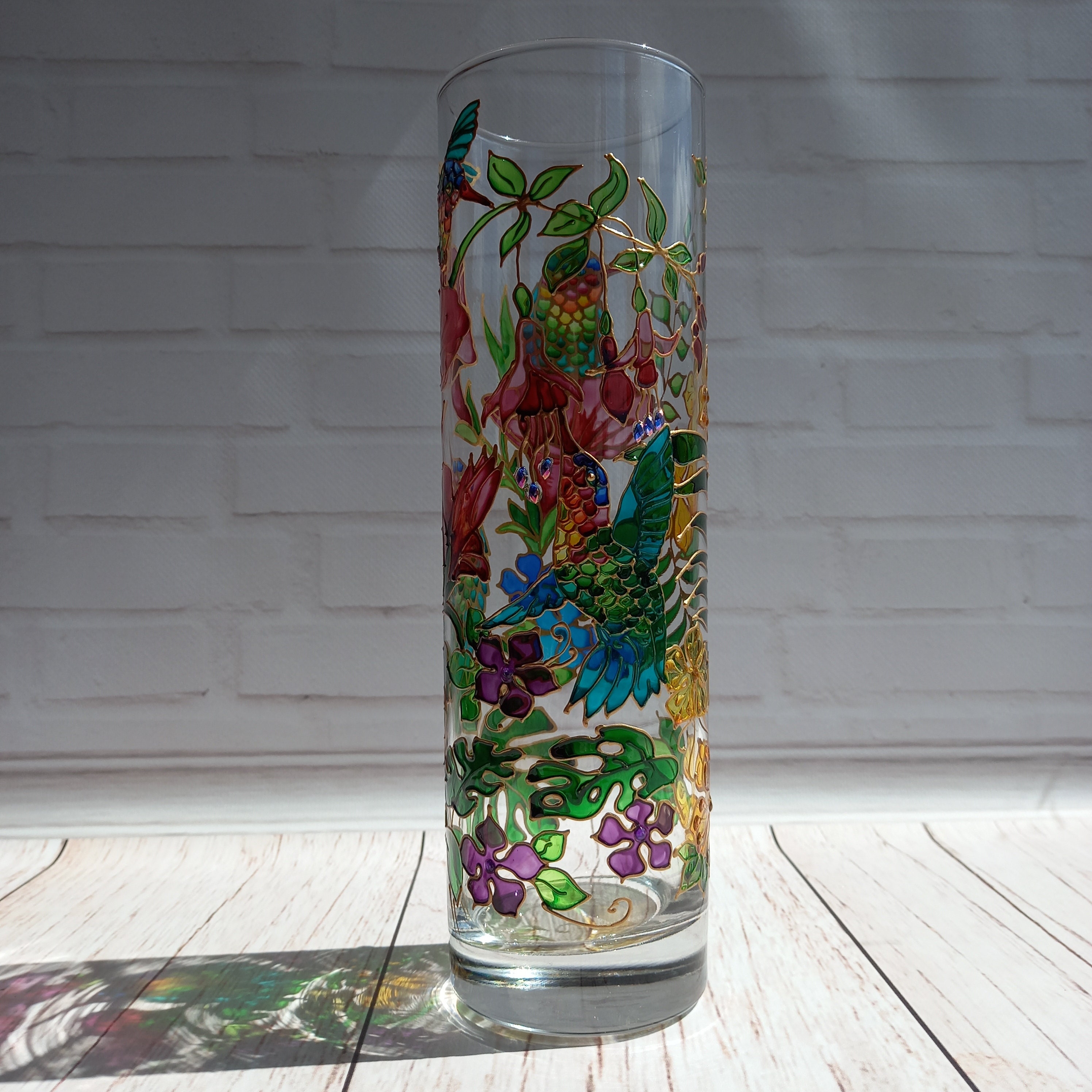 Stained Glass Vase Hand Painted Hummingbird Vase 104 in | Etsy