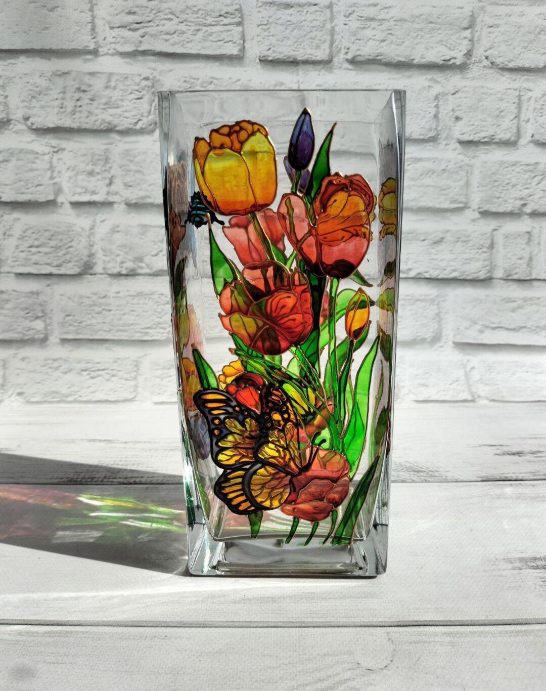 Stained Glass Vase Tulip Vase 10 Inch Vase Flower Vase Monarch ...