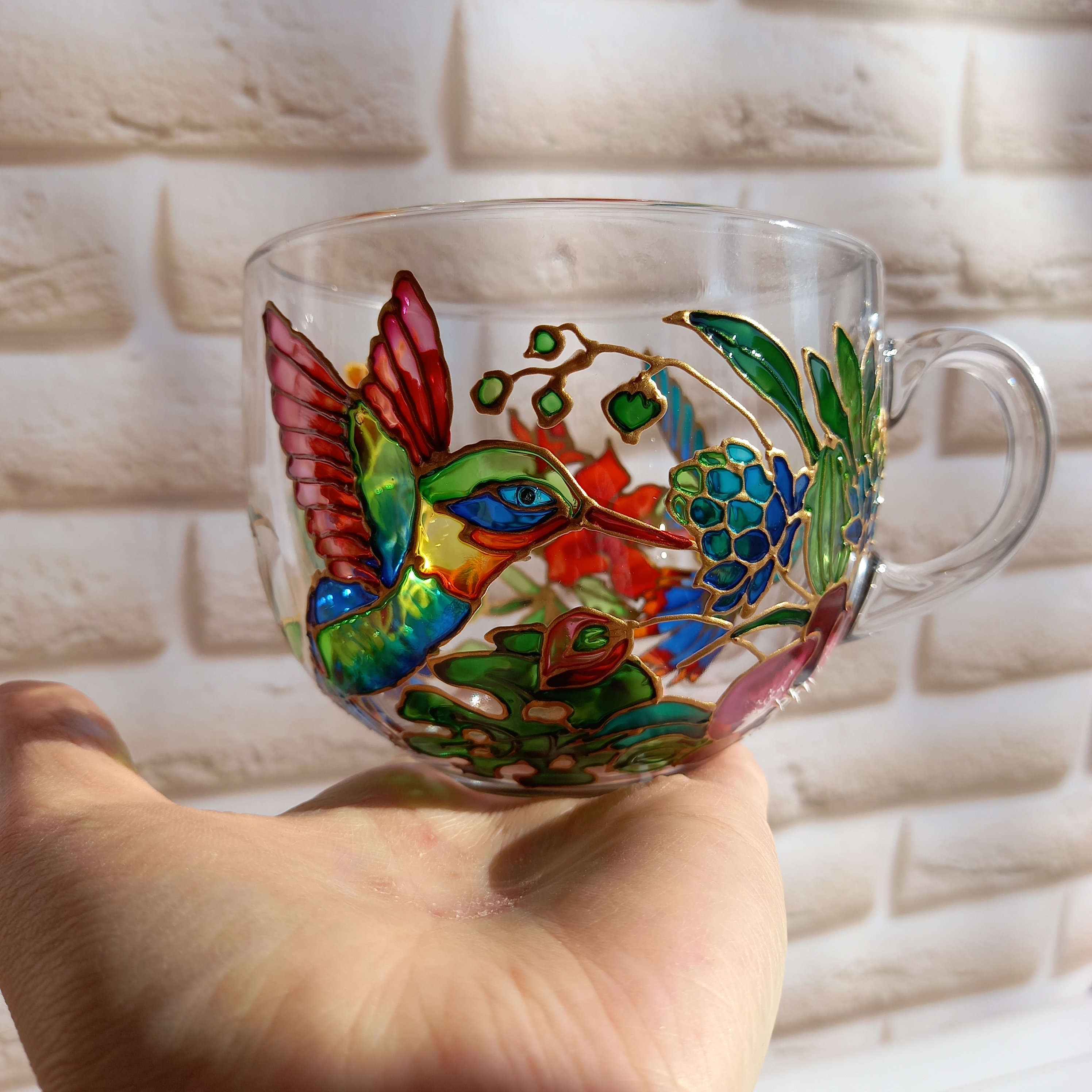 Stained Glass Coffee Cup 17 oz 500 ml Hummingbirds Hand | Etsy