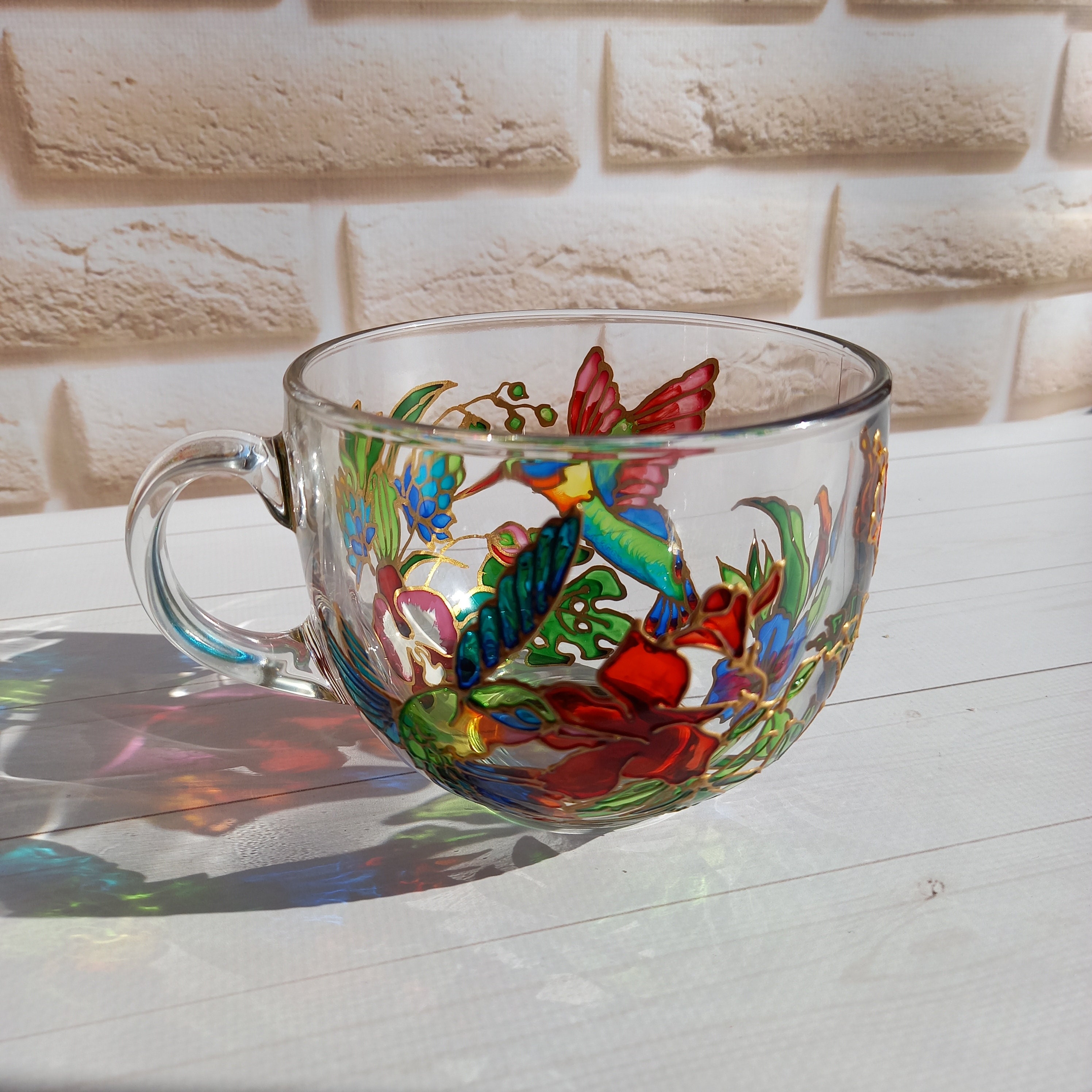 Stained Glass Coffee Cup 17 oz 500 ml Hummingbirds Hand | Etsy