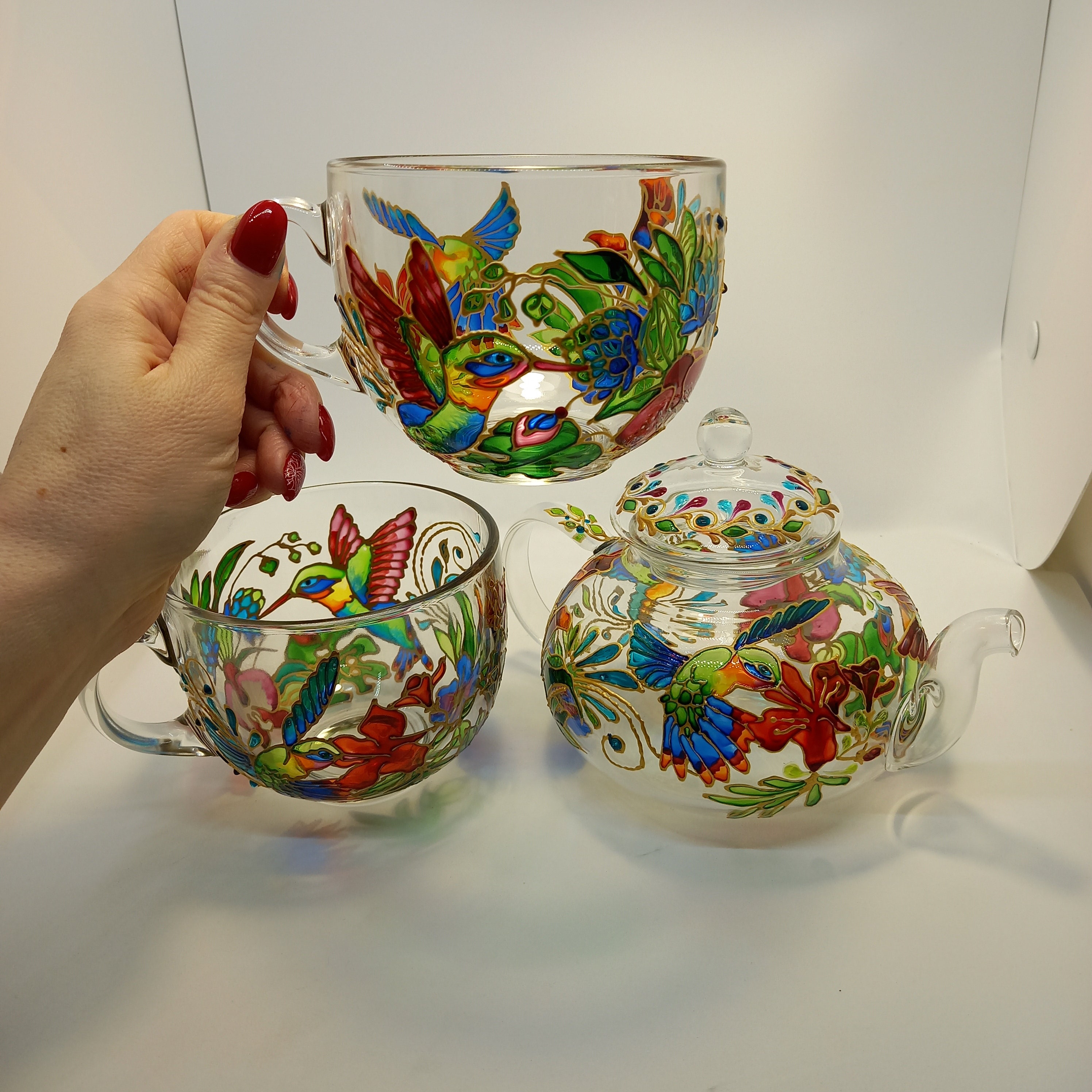 Stained Glass Tea Set Hummingbirds Hand Painted Teapot and 2 | Etsy