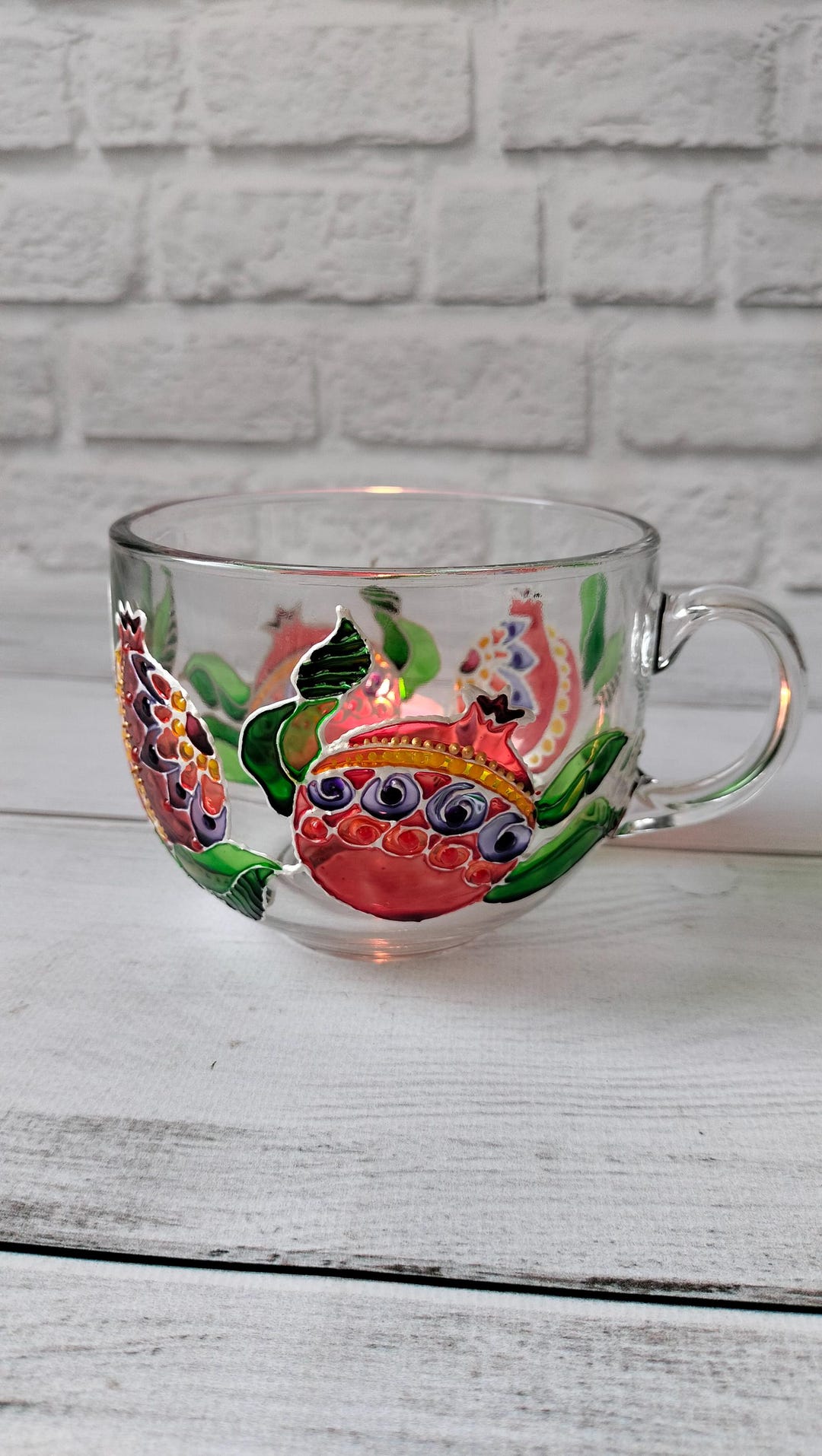 Pomegranate Painted Glass Coffee Mug: Personalized Stained Glass Cup ...