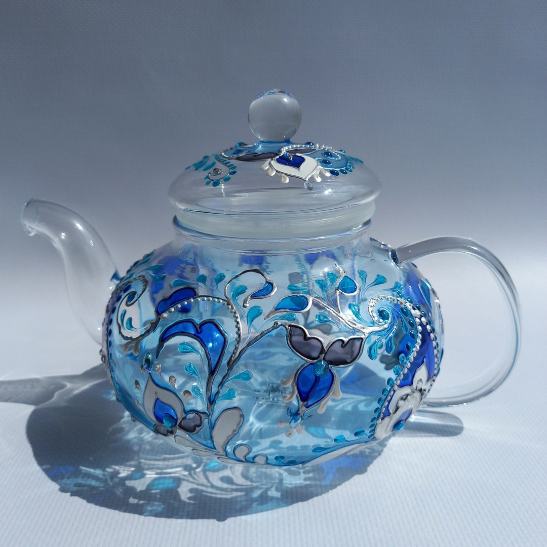 Stained Glass Teapot 20 Oz ( 600 Ml) Blue Hand Painted Teapot Custom ...