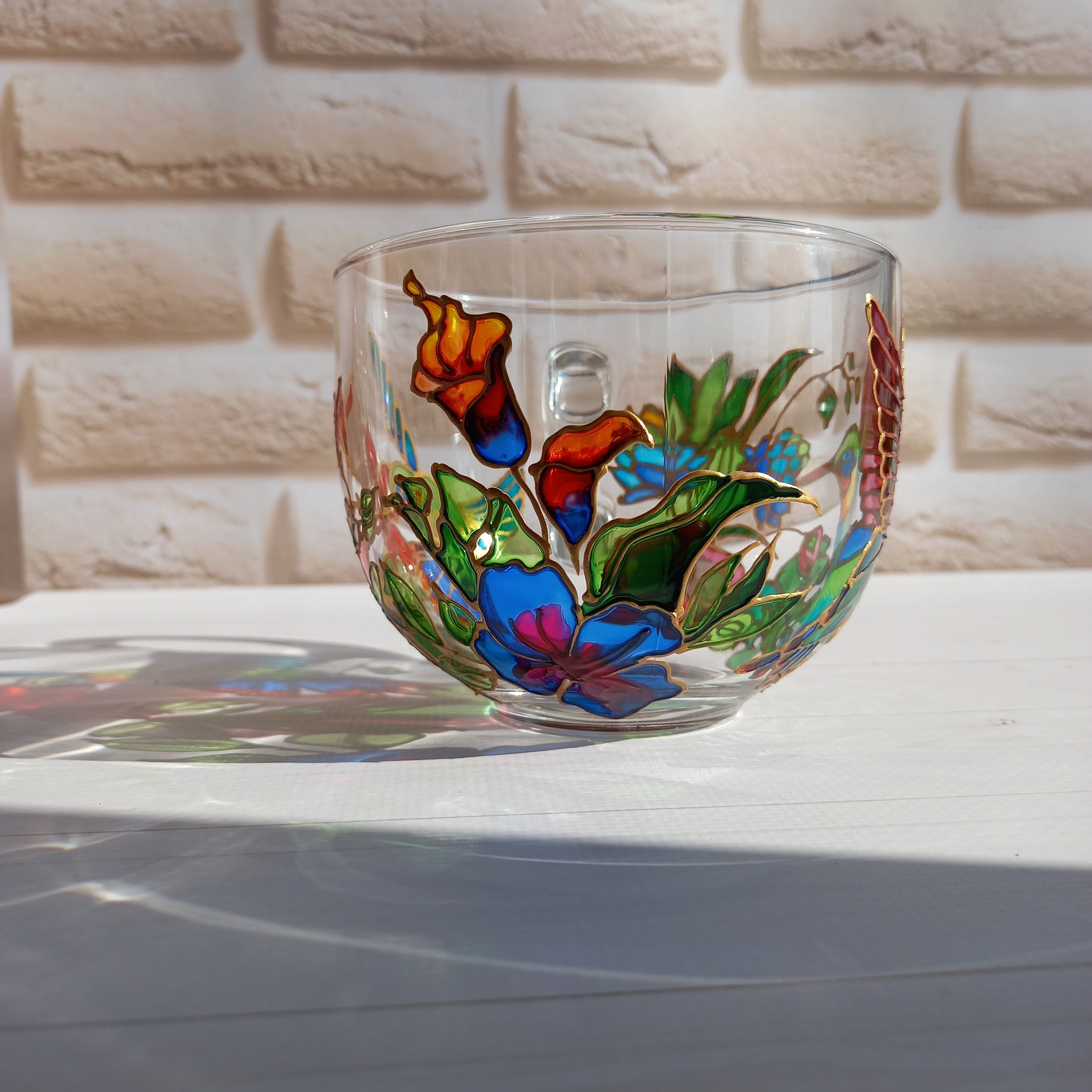 Stained Glass Coffee Cup 17 oz 500 ml Hummingbirds Hand | Etsy