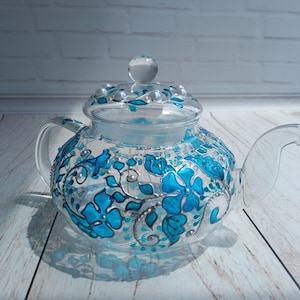 Stained Glass Tea Set with Teapot 20 oz 600 ml Blue Flowers | Etsy